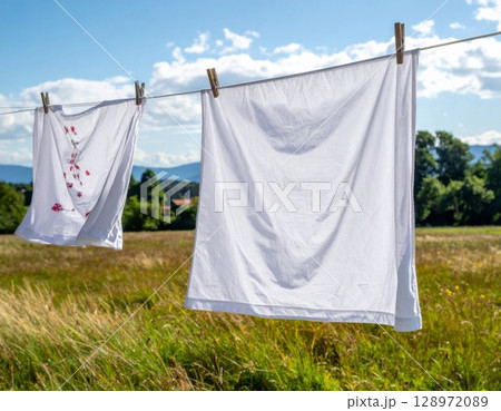 Clean White Linens Drying on a Clothesline in a...のイラスト素材 [128972089 ...