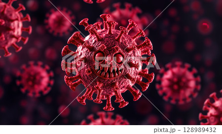 Scary red virus close-up with angry faceのイラスト素材 [128989432] - PIXTA