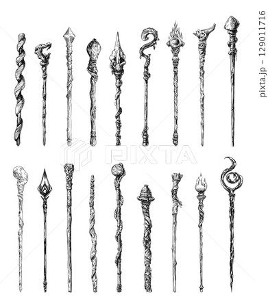 Wizard wooden staffs. Sketch magic staff from...のイラスト素材 [129011716] - PIXTA