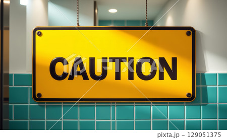 Caution sign with bold black letters on bright...のイラスト素材 [129051375 ...