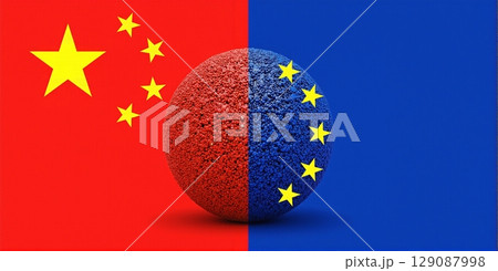 Globe split in China & EU flag symbolizes...のイラスト素材 [129087998] - PIXTA