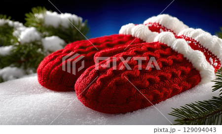 A pair of bright red mittens on a snowy,...のイラスト素材 [129094043] - PIXTA