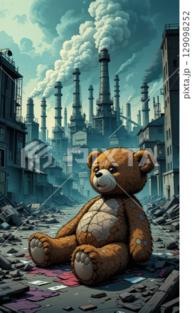 Distressed Teddy Bear in Overalls in Heavily...のイラスト素材 [129098252] - PIXTA