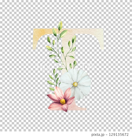 Watercolor letter T with floral ornament and...のイラスト素材 [129135672] - PIXTA