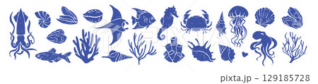 Ocean life summer illustration set, marine...のイラスト素材 [129185728] - PIXTA