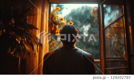 Young man from behind, looking out open window...のイラスト素材 [129202785 ...