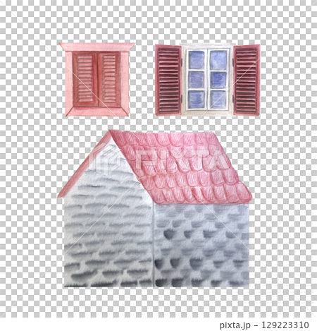 Stone house with pink tiled roof, side view and...のイラスト素材 [129223310 ...