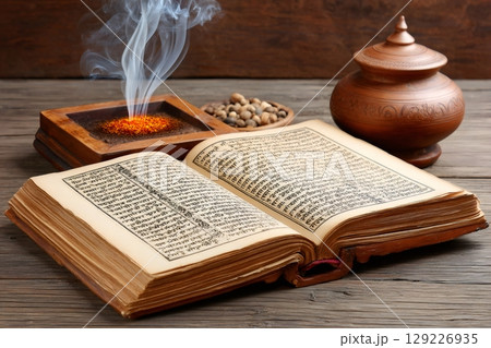 Open ancient book, incense burning, and clay...のイラスト素材 [129226935] - PIXTA