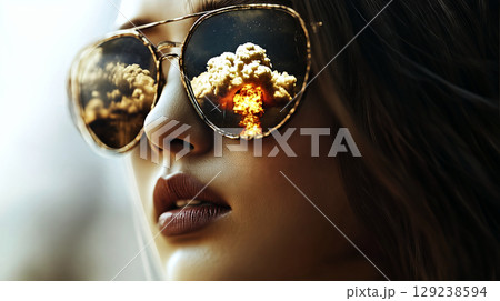 Woman wearing sunglasses reflecting nuclear...のイラスト素材 [129238594] - PIXTA
