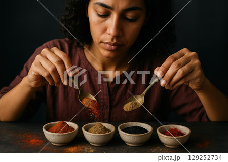 Young woman carefully blends assorted spices in...のイラスト素材 [129252734 ...