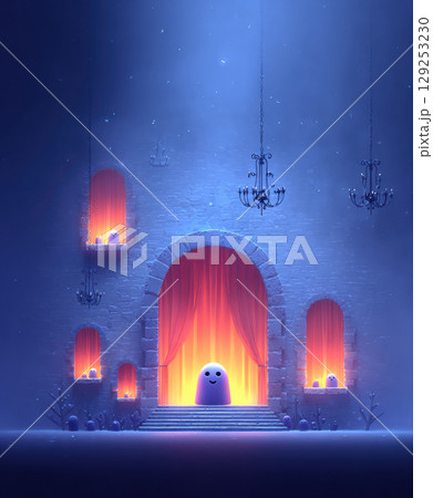 Cute ghost stands in mystical, dimly lit castle...のイラスト素材 [129253230 ...