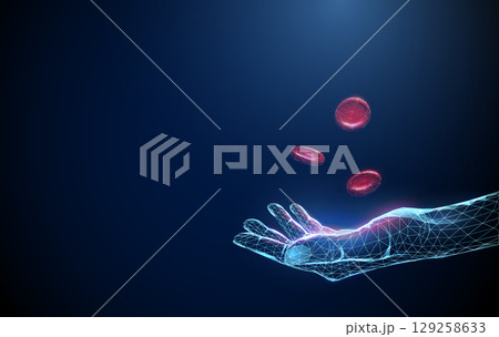 Red blood cells flying above open human hand....のイラスト素材 [129258633] - PIXTA