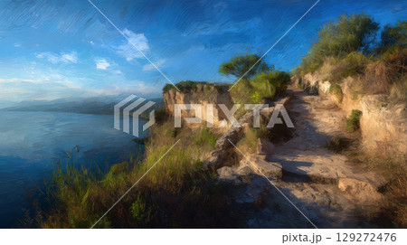 Cliffside pathway with stone steps surrounded...のイラスト素材 [129272476] - PIXTA