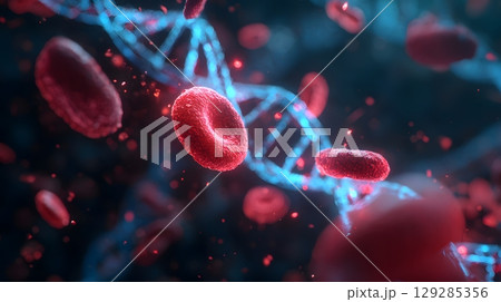 Red blood cells float around a glowing blue DNA...のイラスト素材 [129285356 ...