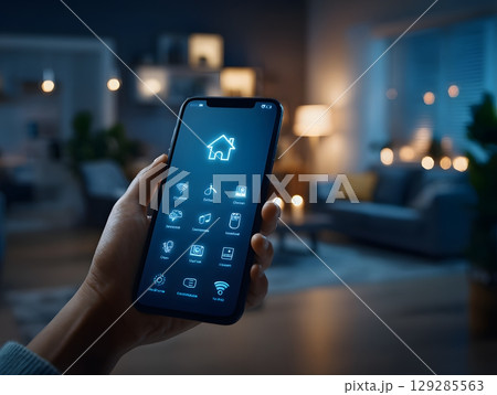 Hands hold a phone, controlling smart home...のイラスト素材 [129285563] - PIXTA