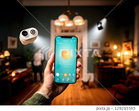 Hands hold a phone, controlling smart home...のイラスト素材 [129285565] - PIXTA