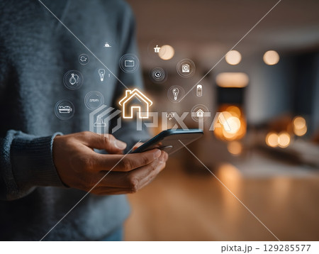 Hands hold a phone, controlling smart home...のイラスト素材 [129285577] - PIXTA