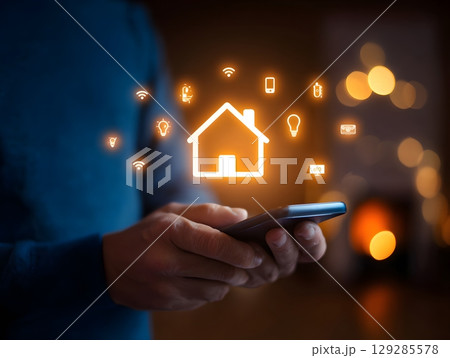 Hands hold a phone, controlling smart home...のイラスト素材 [129285578] - PIXTA