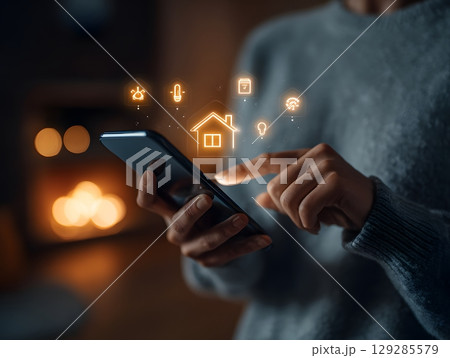 Hands hold a phone, controlling smart home...のイラスト素材 [129285579] - PIXTA