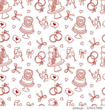 Red Wedding seamless pattern with line icons on...のイラスト素材 [129317900 ...