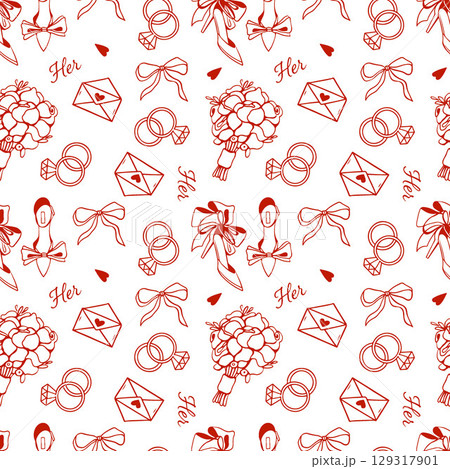 Red Wedding seamless pattern with line icons on...のイラスト素材 [129317901 ...