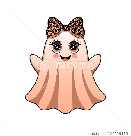 Kawaii ghost illustration with a leopard print...のイラスト素材 [129319176 ...