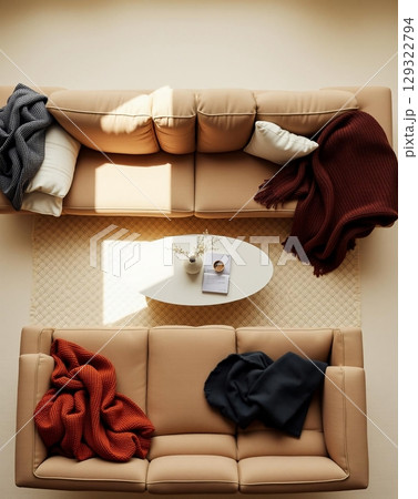 An overhead view of two beige sofas with throw...のイラスト素材 [129322794 ...