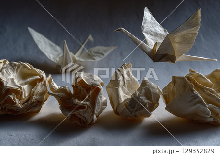 Transformation of crumpled paper into origami...のイラスト素材 [129352829] - PIXTA