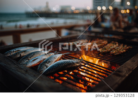 Fish grilling on beach terrace with tourists...のイラスト素材 [129353128] - PIXTA