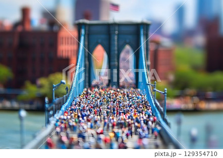 Miniature Crowd Traversing Brooklyn Bridge with...のイラスト素材 [129354710 ...