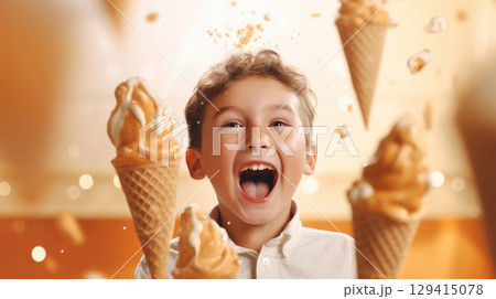 Young boy laughing while caramel ice cream...のイラスト素材 [129415078] - PIXTA