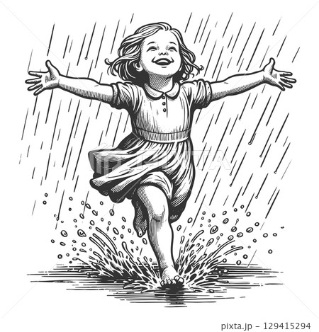 Joyful girl playing in the rain engraving vectorのイラスト素材 [129415294] - PIXTA