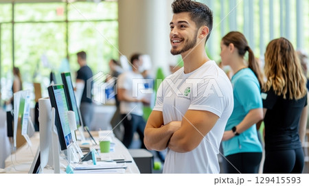 Confident young man at tech conference, smiling...のイラスト素材 [129415593 ...