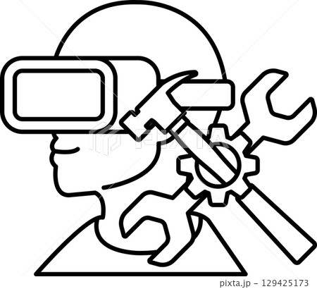 A man wearing a VR headset is holding a hammer...のイラスト素材 [129425173 ...
