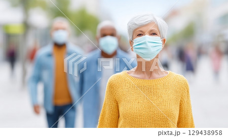 People wearing face masks navigating busy urban...のイラスト素材 [129438958 ...