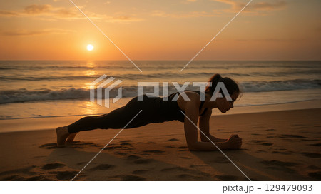 Woman doing plank exercise on sandy beach...のイラスト素材 [129479093] - PIXTA
