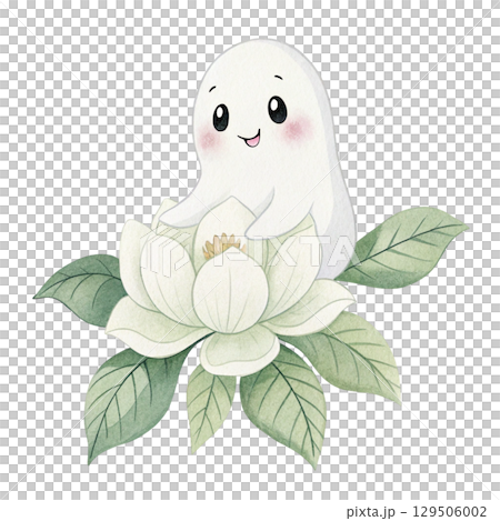 Cute ghost sitting on a flower pastel tones...のイラスト素材 [129506002] - PIXTA
