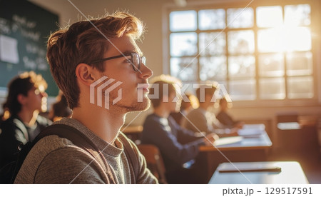 Backlit profile of a student gazing dreamily...のイラスト素材 [129517591] - PIXTA