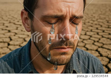 Close up of a man crying with large tears in a...のイラスト素材 [129534544 ...