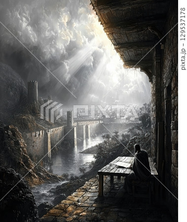 lone figure sits wooden table gazing majestic...のイラスト素材 [129537178] - PIXTA
