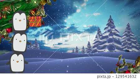 Image of tower of three penguins holding gift...のイラスト素材 [129541632] - PIXTA