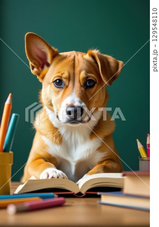 Smart dog reading a book at school desk with...のイラスト素材 [129548110] - PIXTA