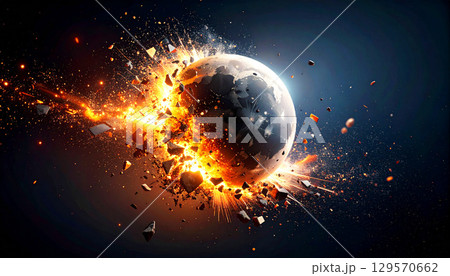 Cosmic moon shattering into fiery fragments and...のイラスト素材 [129570662 ...