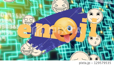 Image of emoji icons and data processing over...のイラスト素材 [129579535] - PIXTA