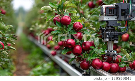 Automated apple harvesting robot arm carefully...のイラスト素材 [129599843 ...