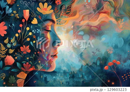 Ethereal Female Portrait with Vibrant Floral...のイラスト素材 [129603223] - PIXTA