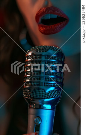 cropped closeup of woman with red lips singing...のイラスト素材 [129625494 ...