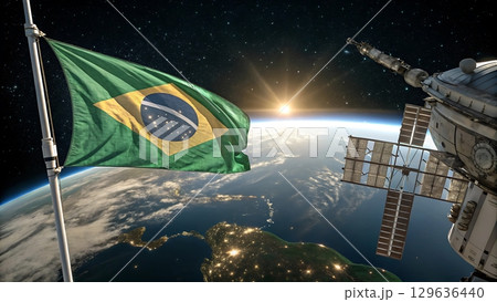 Brazil flag waving in space with earth and...のイラスト素材 [129636440] - PIXTA