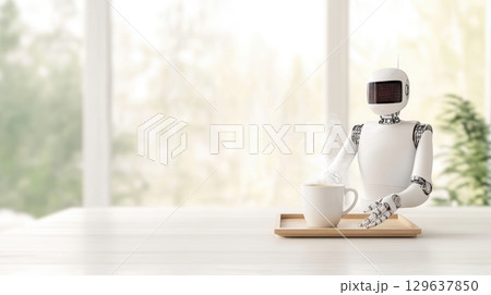 Humanoid robot serving coffee in a bright...のイラスト素材 [129637850] - PIXTA