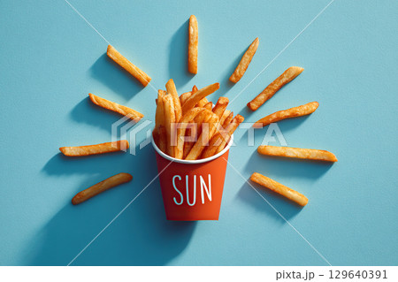 Fries arranged like sun rays create a playful...のイラスト素材 [129640391] - PIXTA